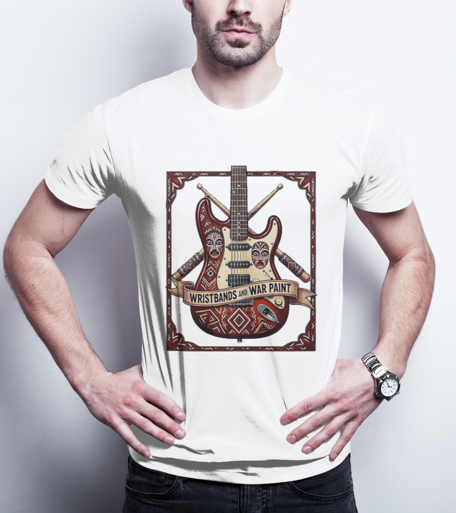 Wristbands And War Paint Electric Guitar Tribal Mask T-Shirt