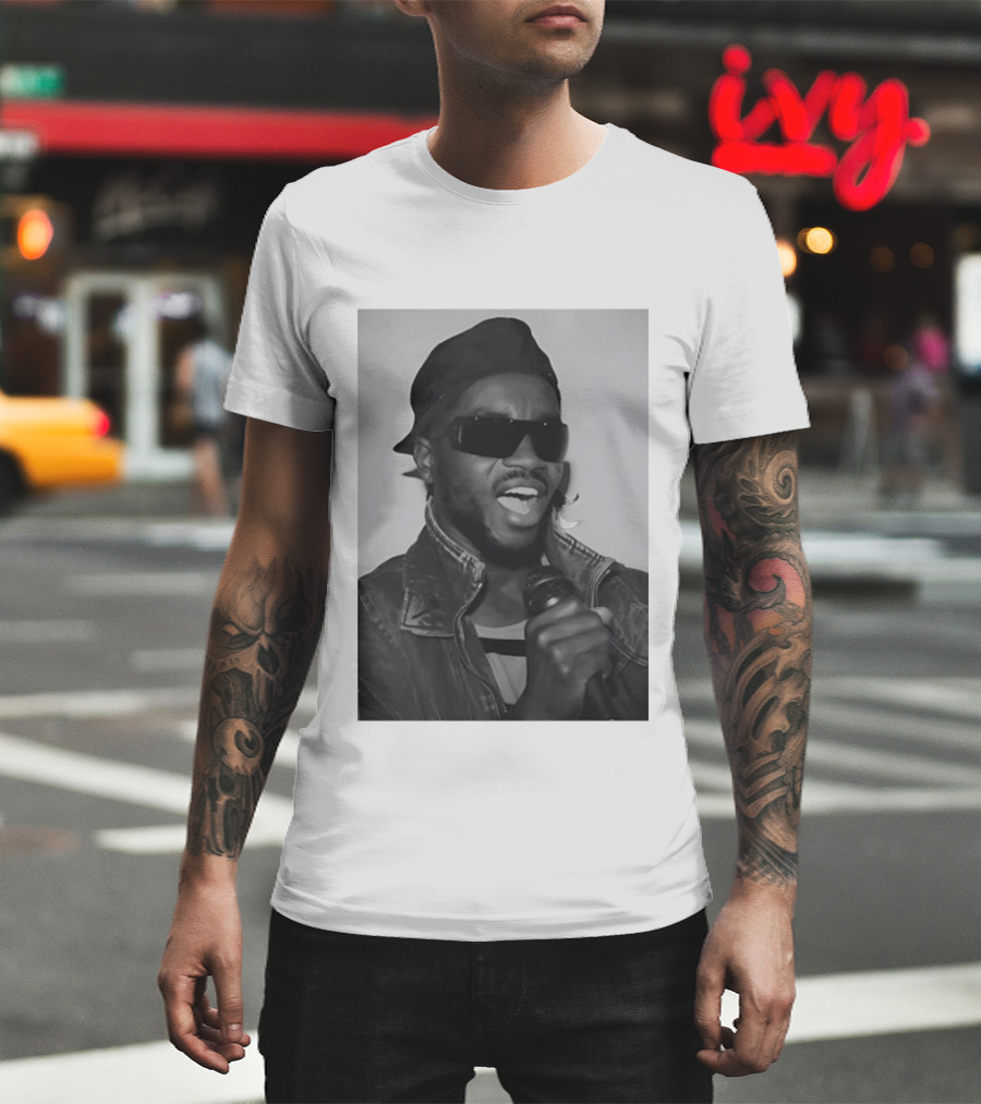 Ata Kak Iconic Ghanaian Musician Highlife Style Sunglasses Microphone Denim Jacket T-Shirt