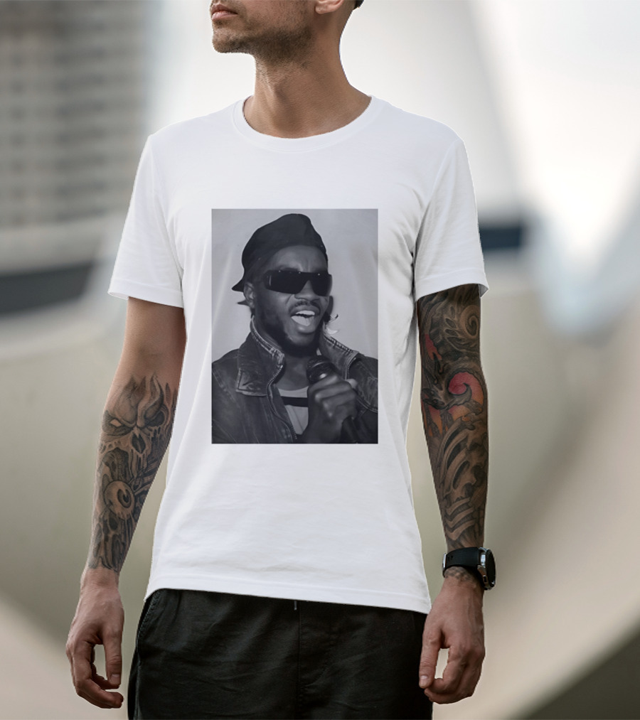 Ata Kak Iconic Ghanaian Musician Highlife Style Sunglasses Microphone Denim Jacket T-Shirt