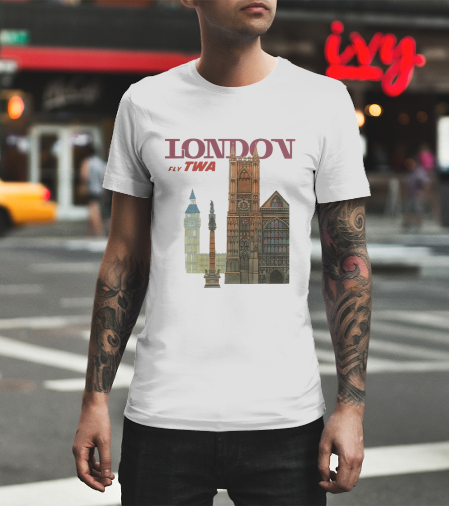 London Fly TWA Travel Big Ben Westminster Abbey Landmark T-Shirt