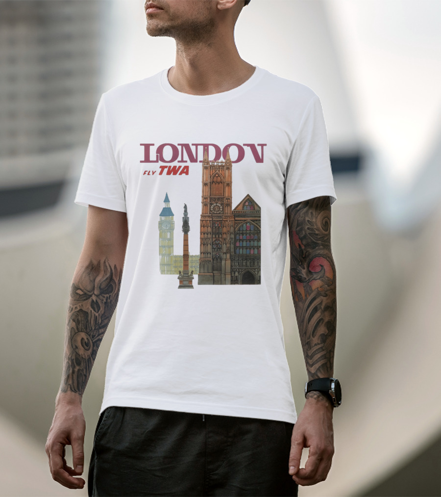London Fly TWA Travel Big Ben Westminster Abbey Landmark T-Shirt
