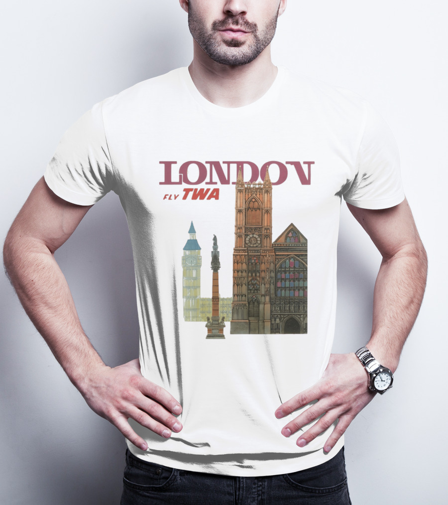 London Fly TWA Travel Big Ben Westminster Abbey Landmark T-Shirt