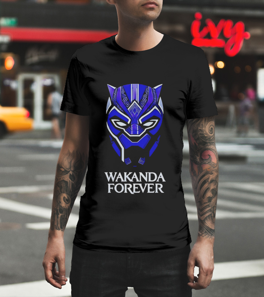 Wakanda Forever Blue Black Panther Mask Marvel T-Shirt