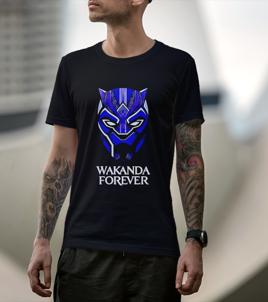 Wakanda Forever Blue Black Panther Mask Marvel T-Shirt