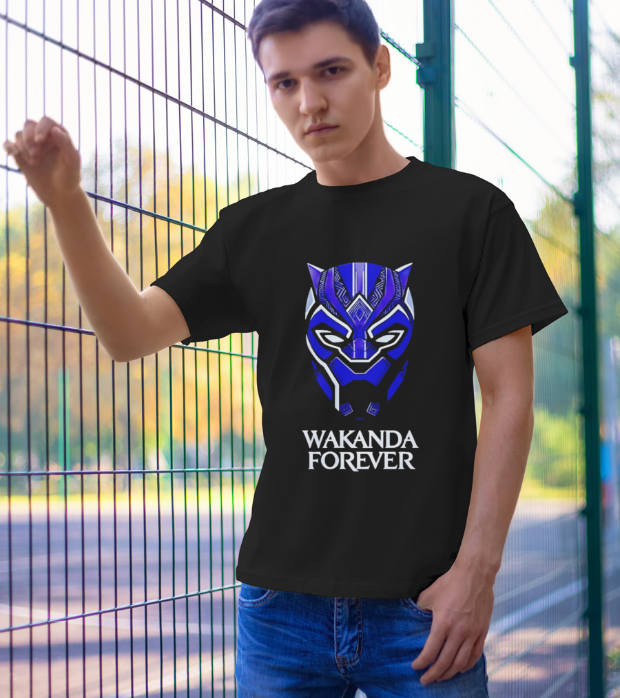 Wakanda Forever Blue Black Panther Mask Marvel T-Shirt
