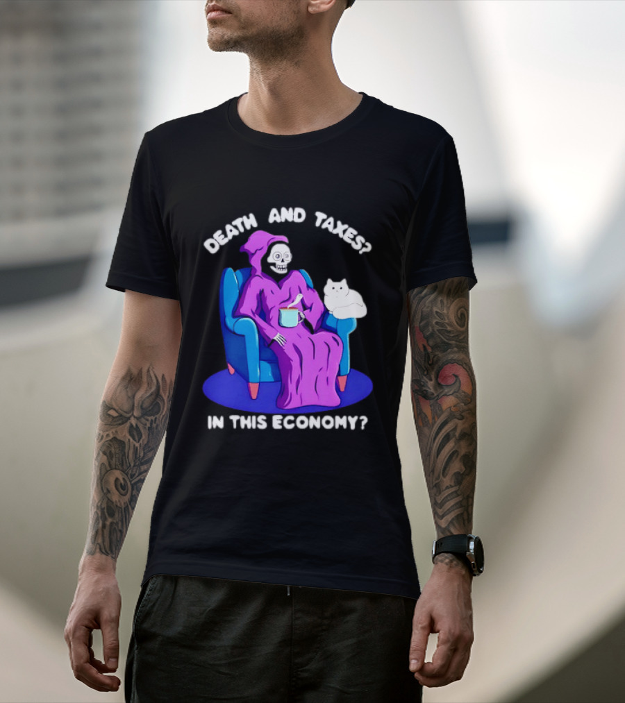 Death And Taxes Grim Reaper With Cat In This Economy T-Shirt