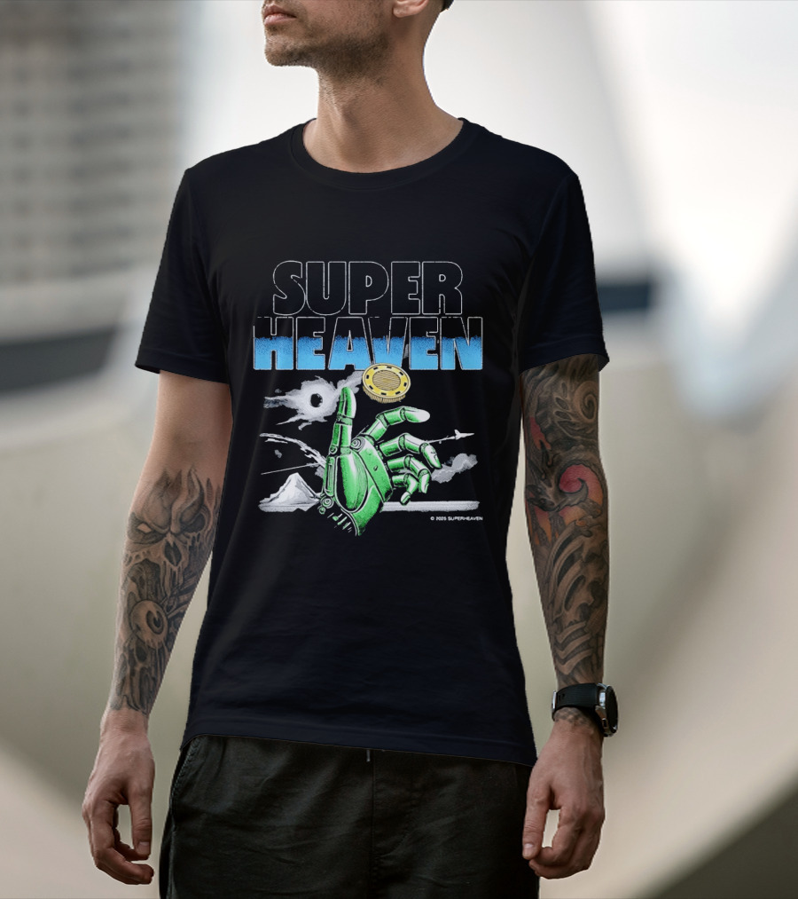 Superheaven Robotic Hand Space Adventure Coin And Mountain Scene T-Shirt