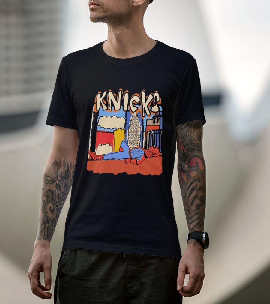 New York Knicks Spiderman Marvel NBA Basketball Skyline T-Shirt