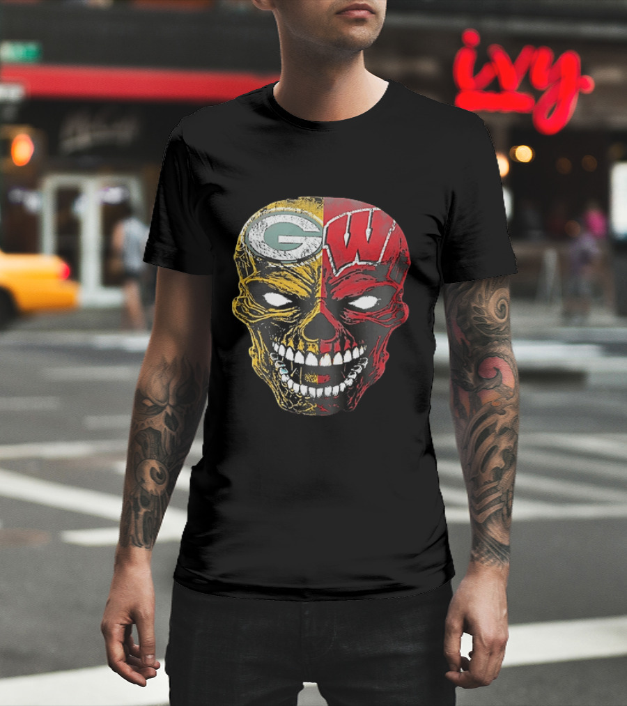 Wisconsin Green Bay Packers Badgers G W Skull Black T-Shirt