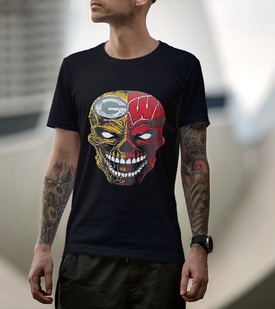 Wisconsin Green Bay Packers Badgers G W Skull Black T-Shirt