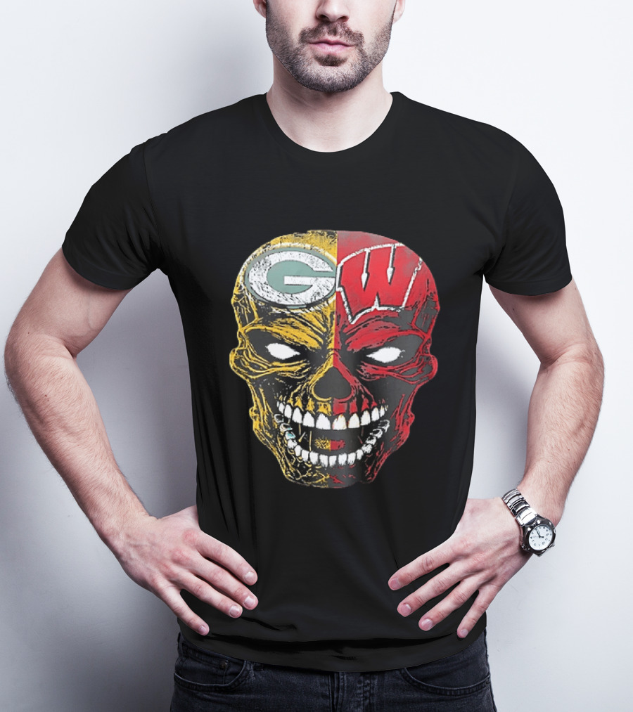 Wisconsin Green Bay Packers Badgers G W Skull Black T-Shirt
