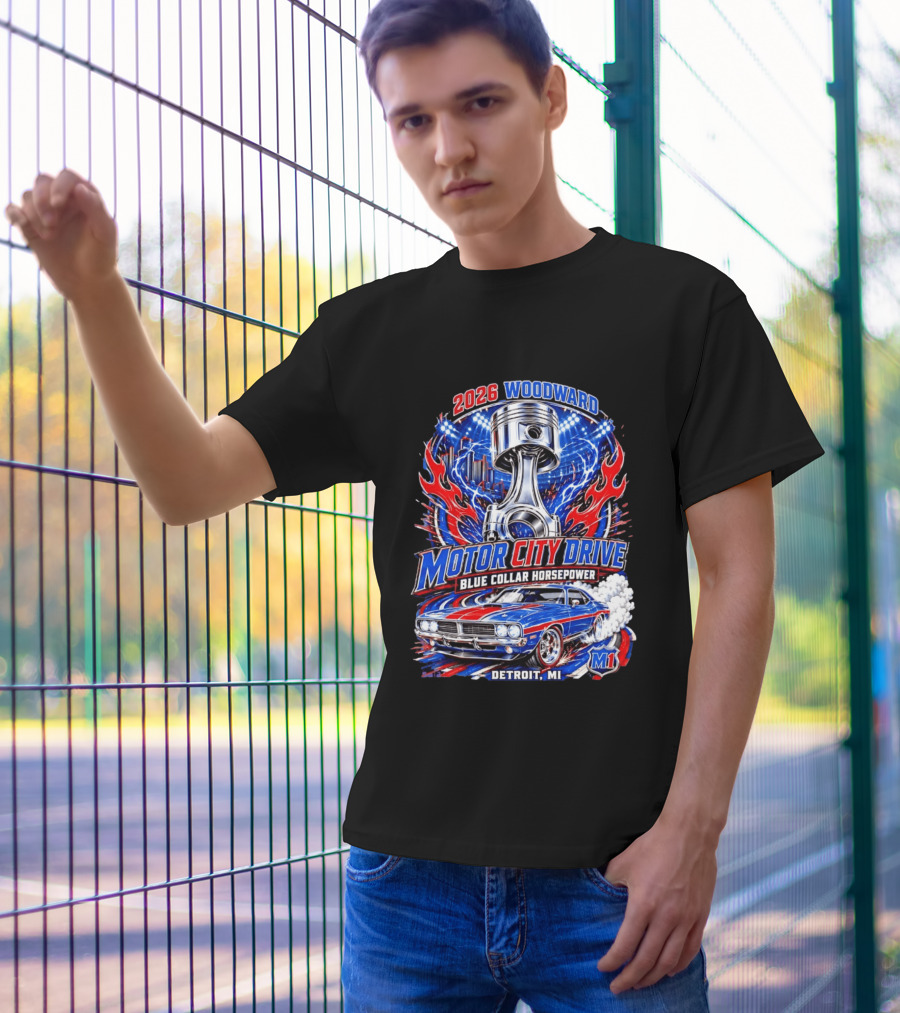 2026 Woodward Motor City Drive Blue Collar Horsepower Detroit MI M1 T-Shirt