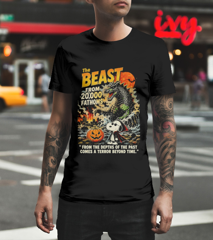 Snoopy And The Beast From 20000 Fathoms Halloween Pumpkin Terror T-Shirt