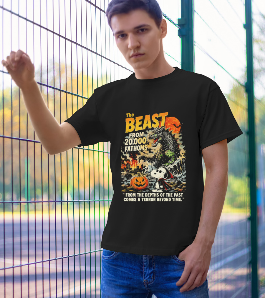 Snoopy And The Beast From 20000 Fathoms Halloween Pumpkin Terror T-Shirt