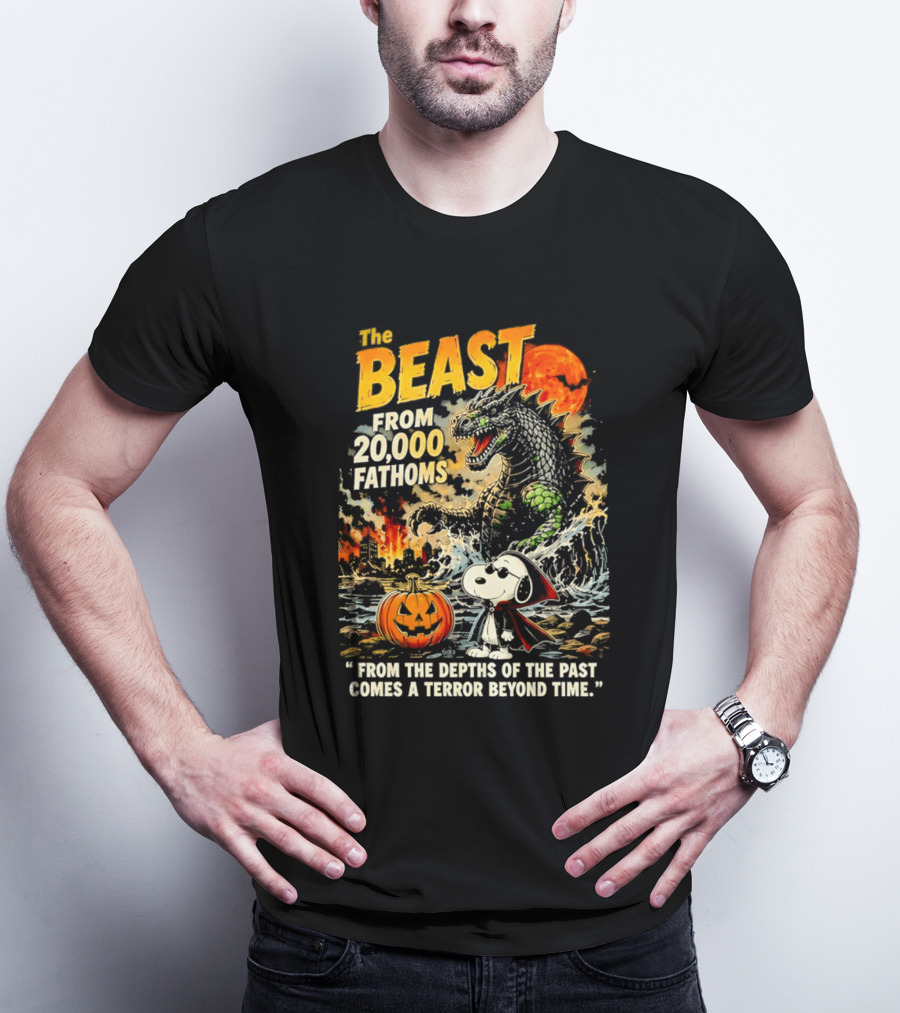 Snoopy And The Beast From 20000 Fathoms Halloween Pumpkin Terror T-Shirt