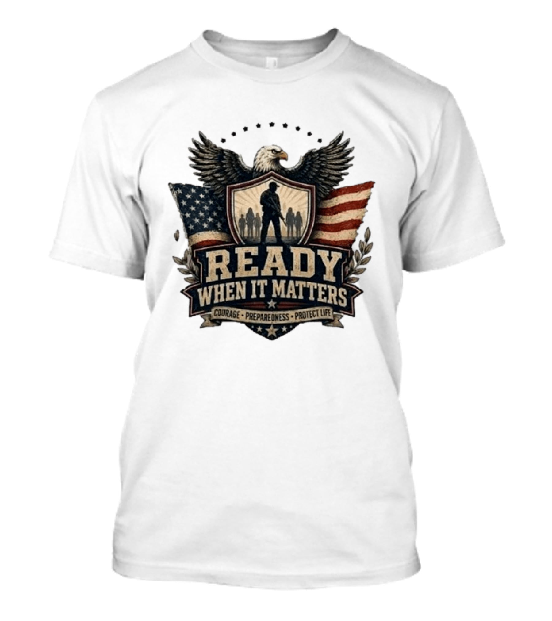 Ready When It Matters Eagle American Flag Courage Preparedness Protect Life T-Shirt