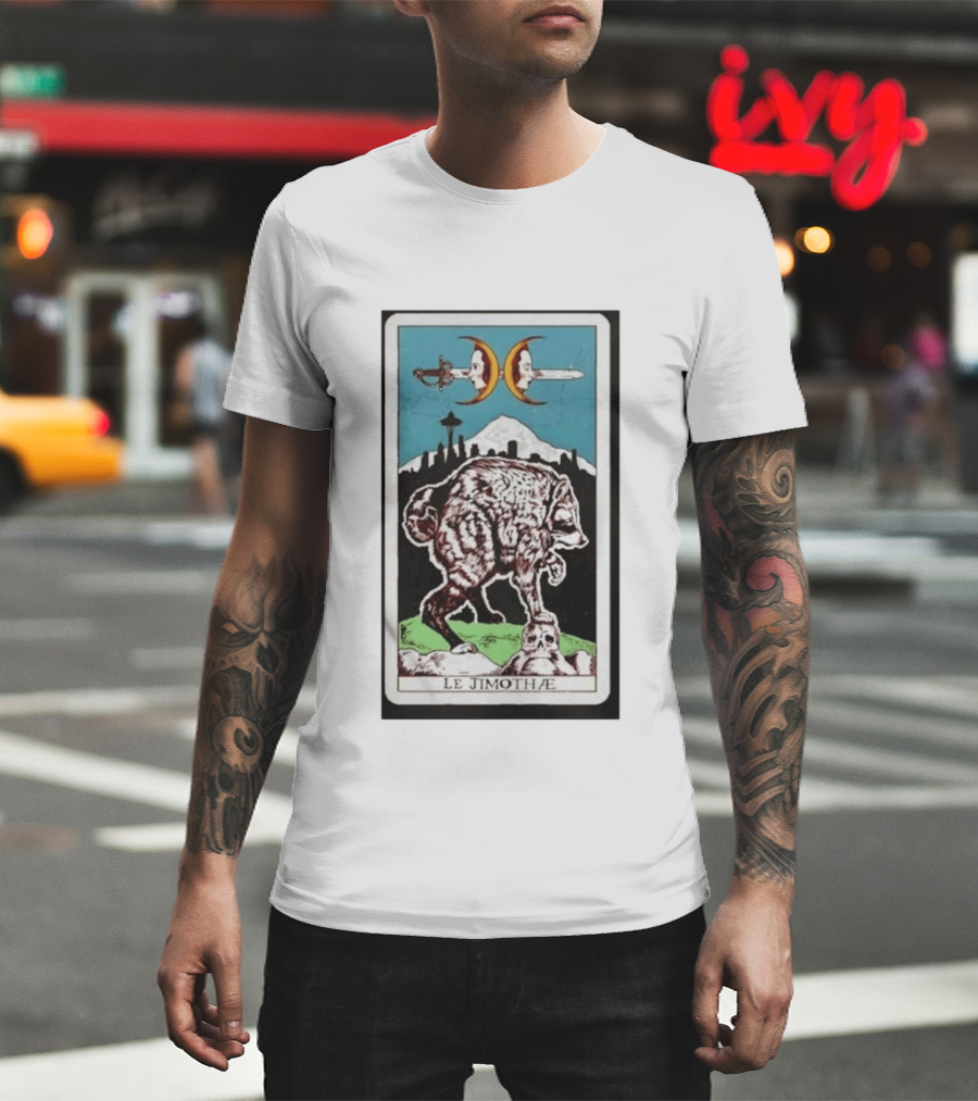 Le Jimothae Raccoon Tarot Seattle Skyline Moon Swords T-Shirt