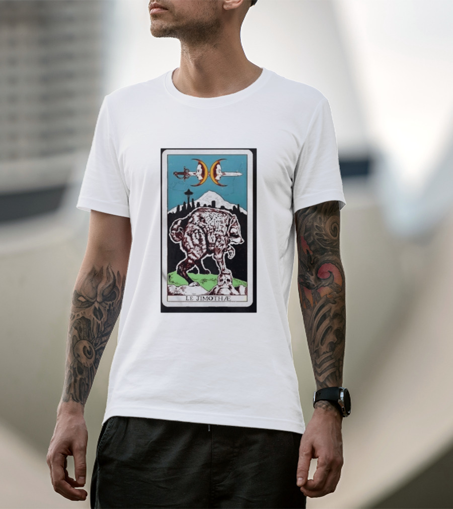 Le Jimothae Raccoon Tarot Seattle Skyline Moon Swords T-Shirt