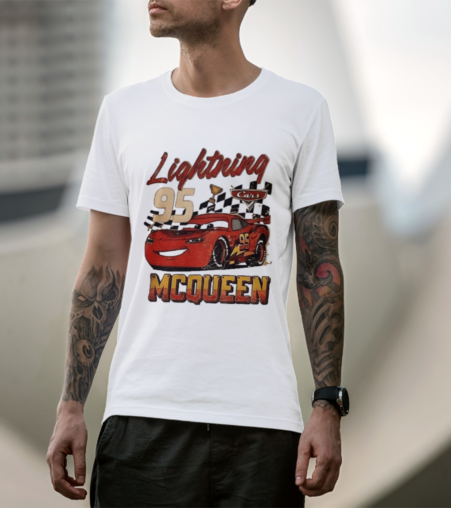 Lightning McQueen 95 Cars Trophy Checkered Flags Disney Pixar T-Shirt