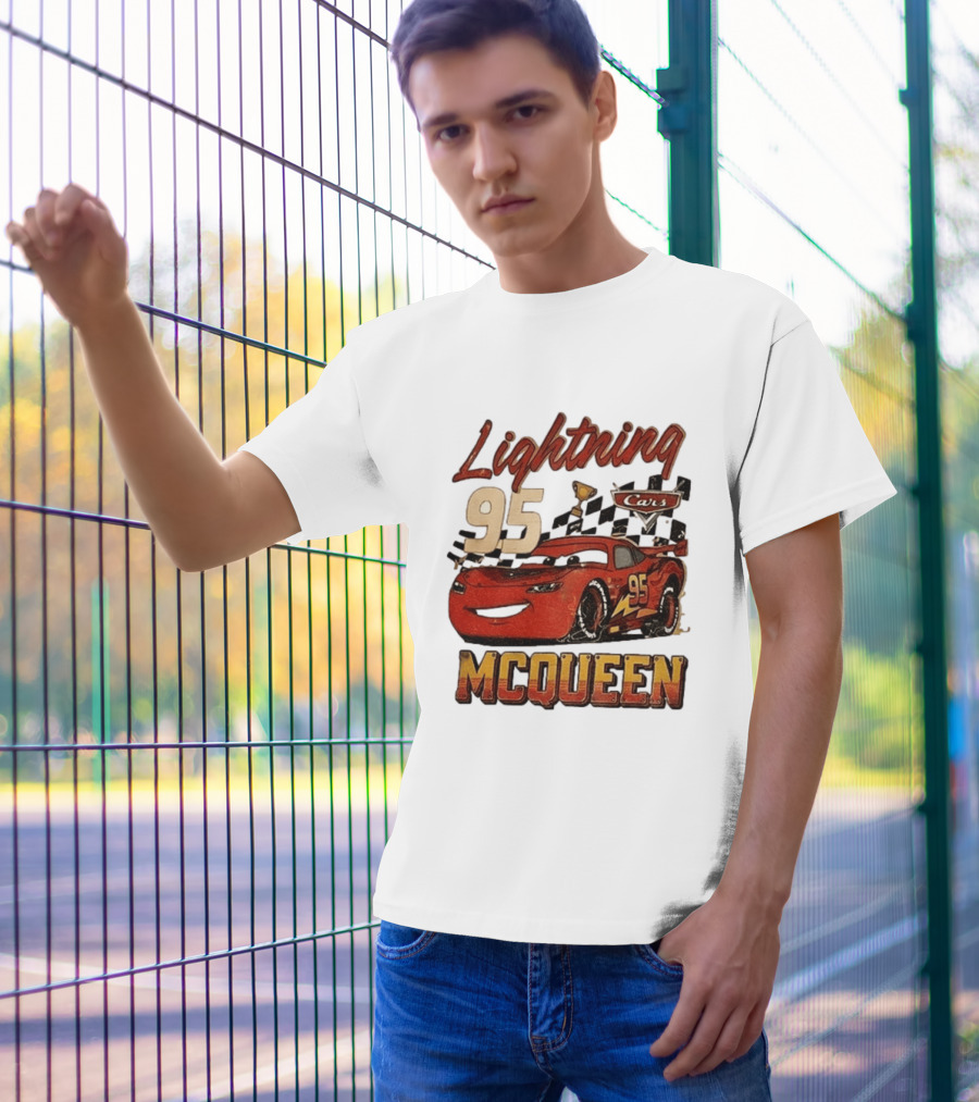 Lightning McQueen 95 Cars Trophy Checkered Flags Disney Pixar T-Shirt