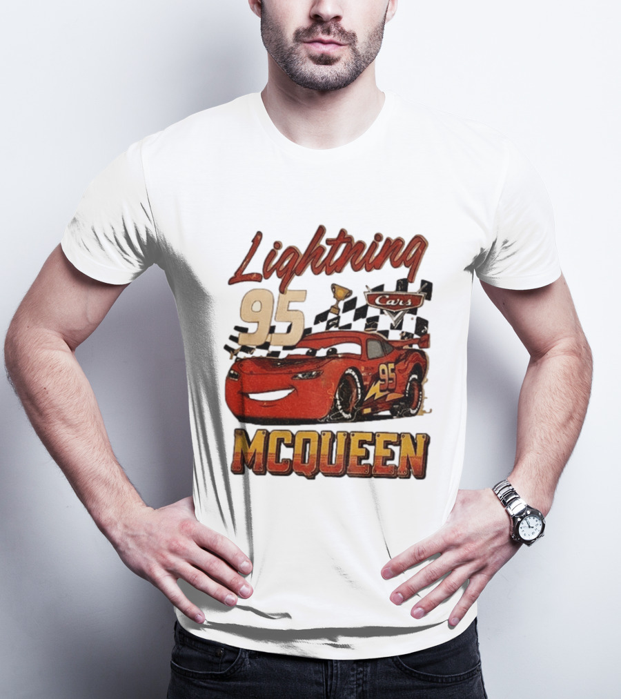 Lightning McQueen 95 Cars Trophy Checkered Flags Disney Pixar T-Shirt