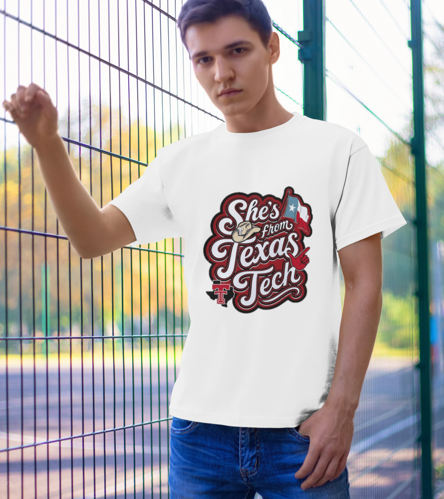 She's From Texas Tech Red Raiders Cowboy Hat Flag T-Shirt