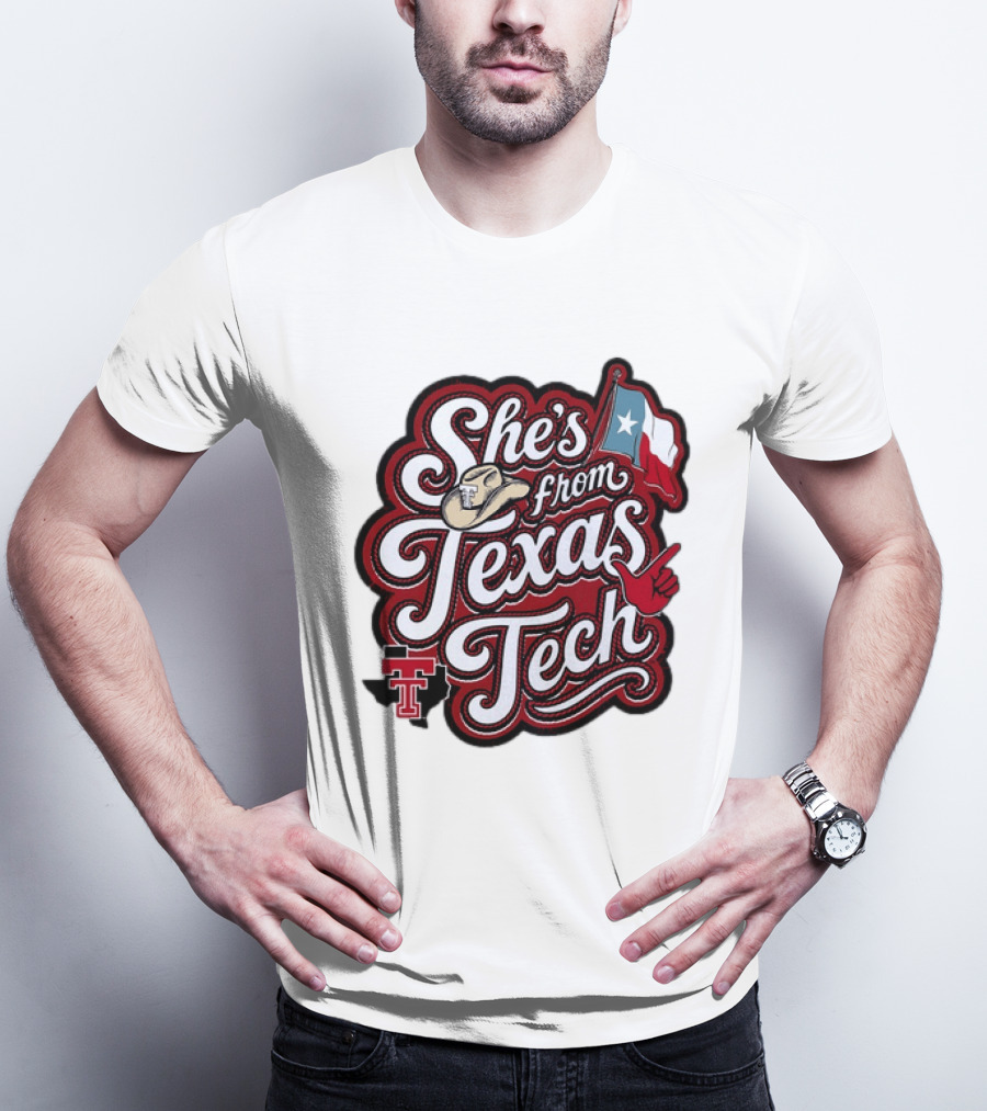 She's From Texas Tech Red Raiders Cowboy Hat Flag T-Shirt