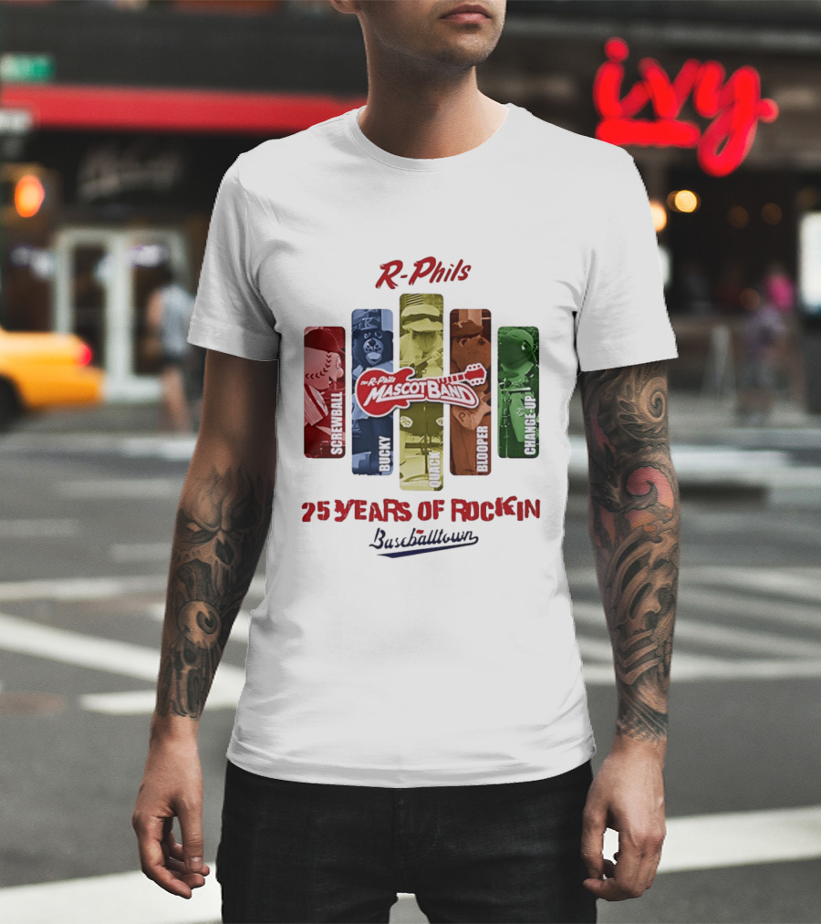R Phils Mascot Band Screwball Bucky Quack Blooper Change Up 25 Years Of Rockin Baseballtown T-Shirt