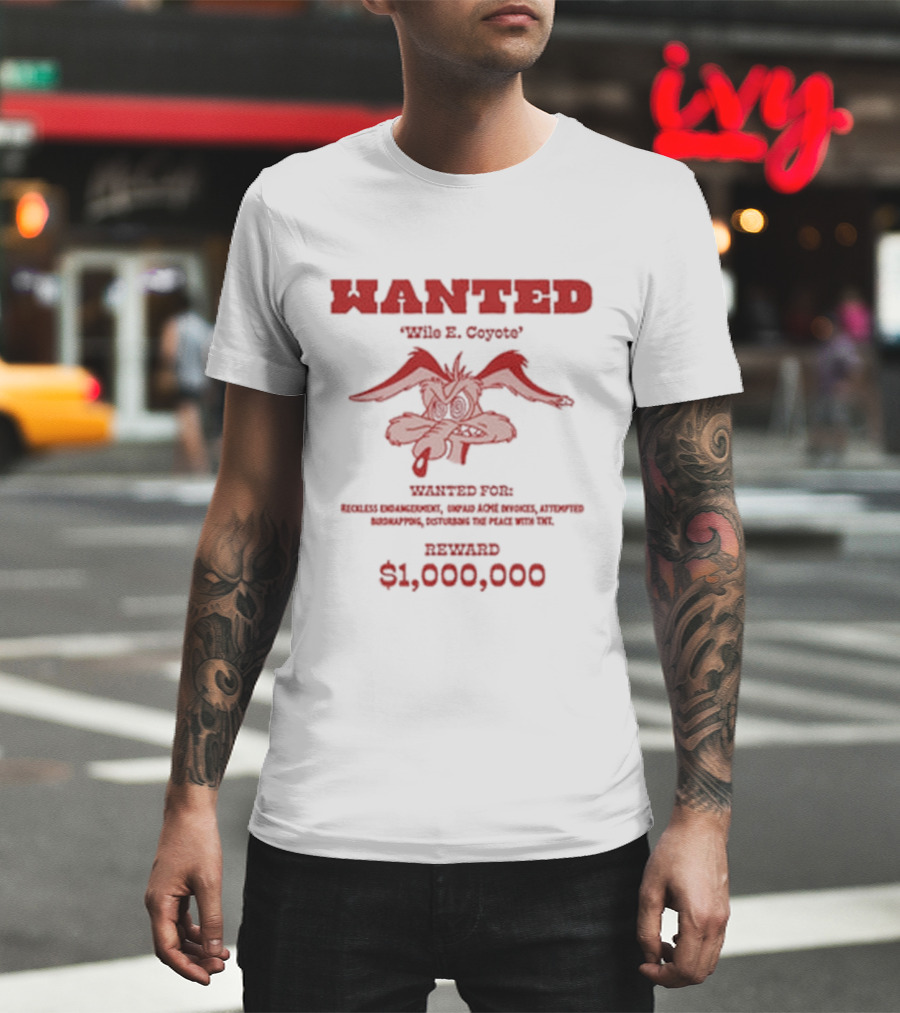 Wanted Wile E Coyote $1000000 Reward Looney Tunes Oversized T-Shirt