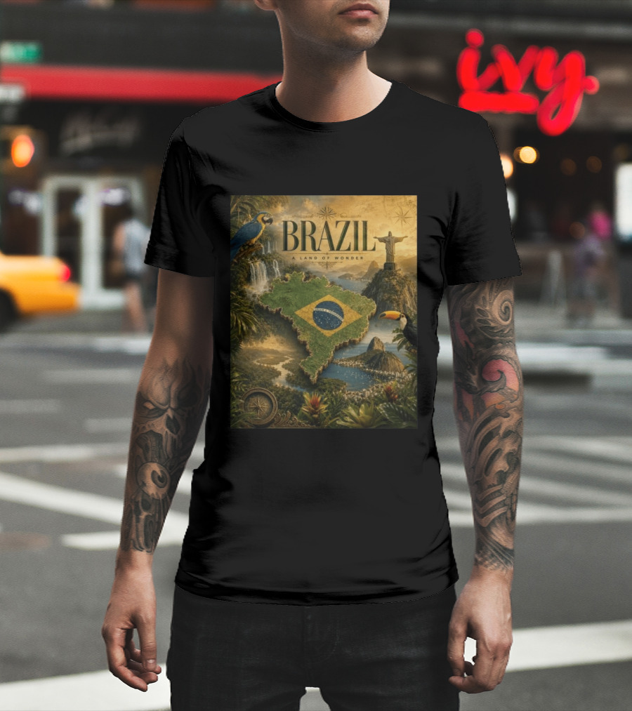 Brazil A Land Of Wonder Ordem E Progresso Christ The Redeemer Amazon Rainforest Toucan Macaw Waterfalls T-Shirt