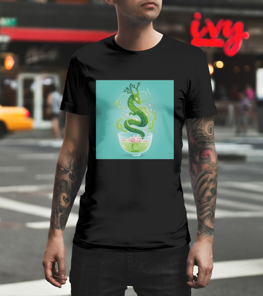 Green Tea Dragon In Teacup With Blossoms And Leaves T-Shirt