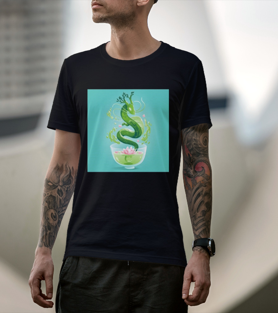Green Tea Dragon In Teacup With Blossoms And Leaves T-Shirt