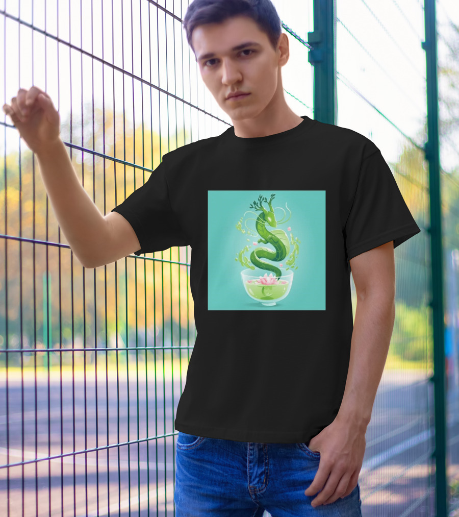 Green Tea Dragon In Teacup With Blossoms And Leaves T-Shirt