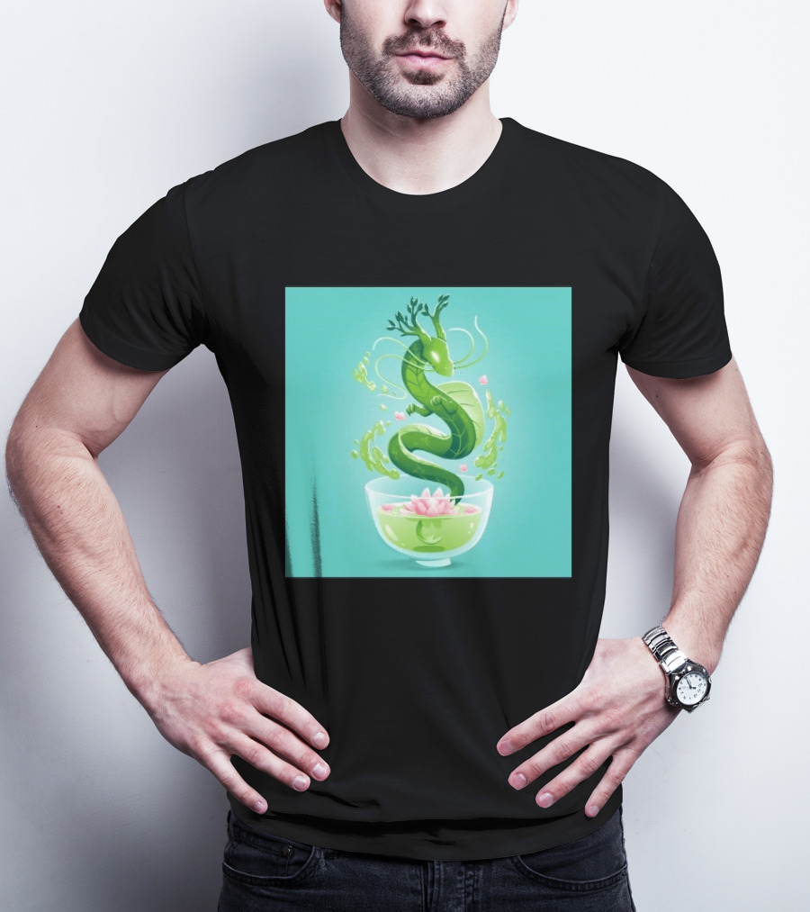 Green Tea Dragon In Teacup With Blossoms And Leaves T-Shirt