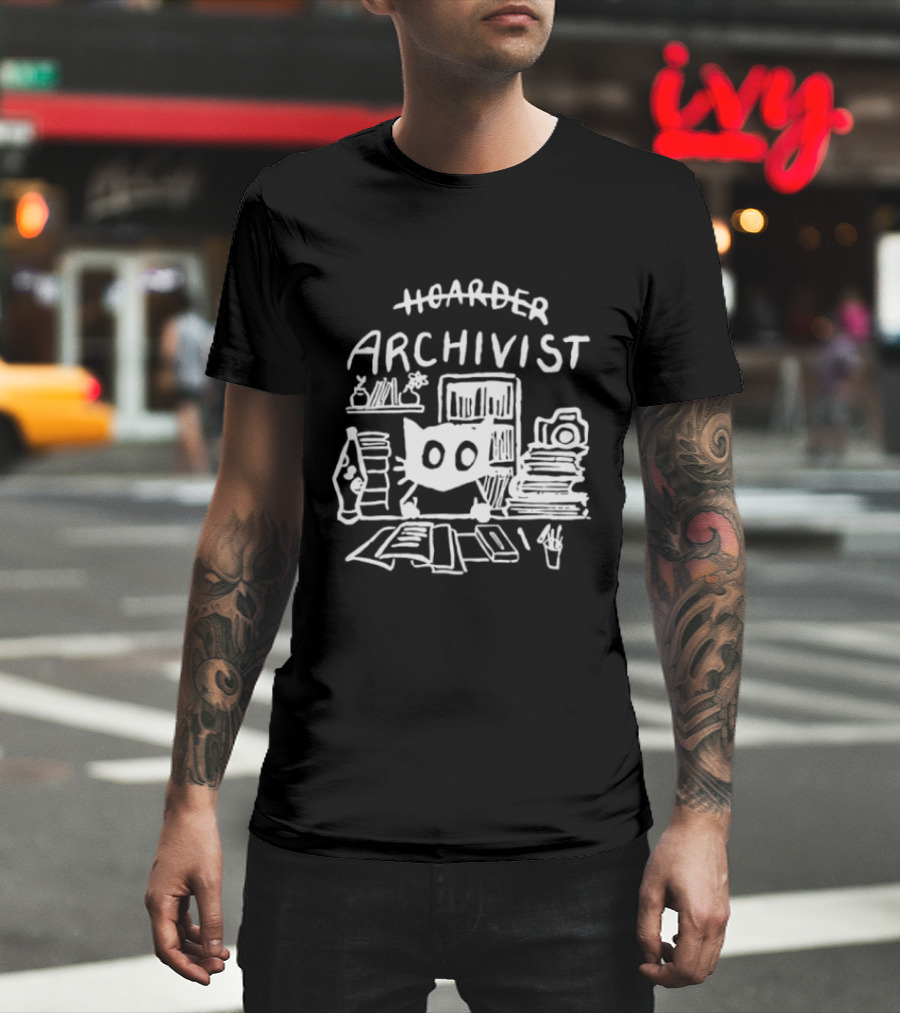 Hoarder Archivist Cat Surrounded By Books And Files T-Shirt