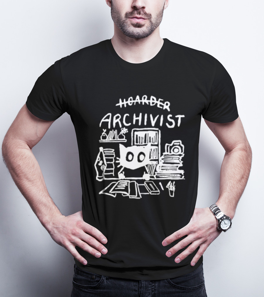 Hoarder Archivist Cat Surrounded By Books And Files T-Shirt
