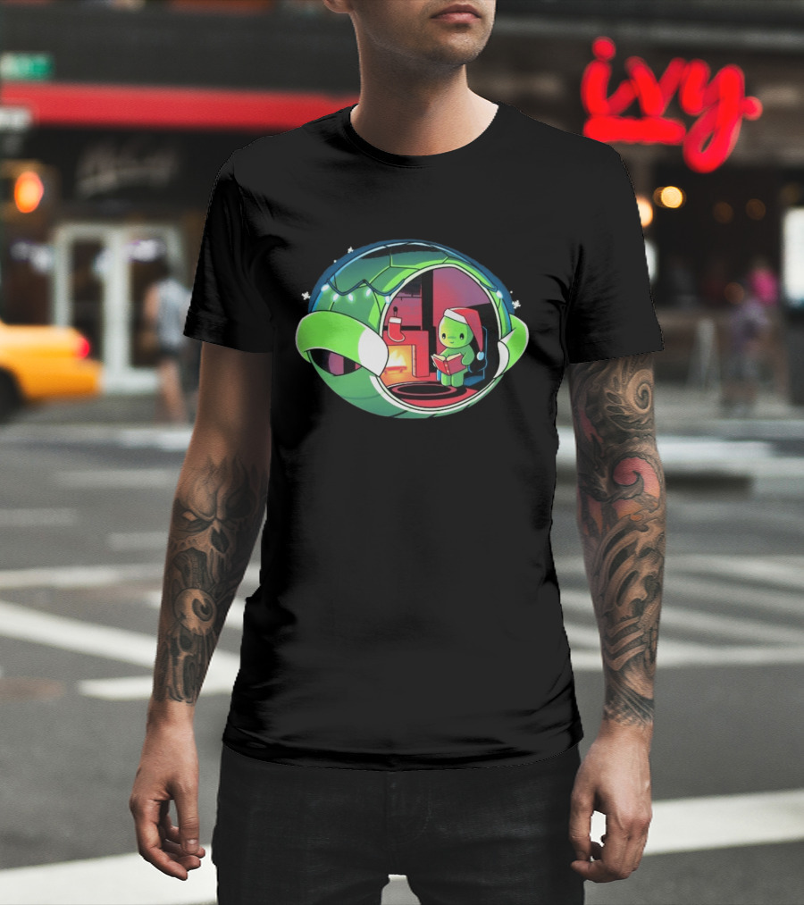 Christmas Turtle Cozy Holiday Scene With Santa Hat And Fireplace T-Shirt