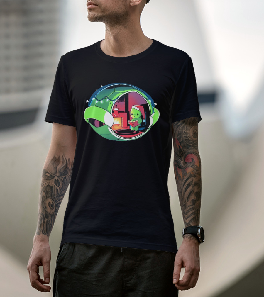 Christmas Turtle Cozy Holiday Scene With Santa Hat And Fireplace T-Shirt