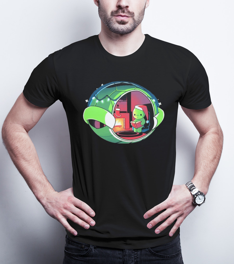 Christmas Turtle Cozy Holiday Scene With Santa Hat And Fireplace T-Shirt