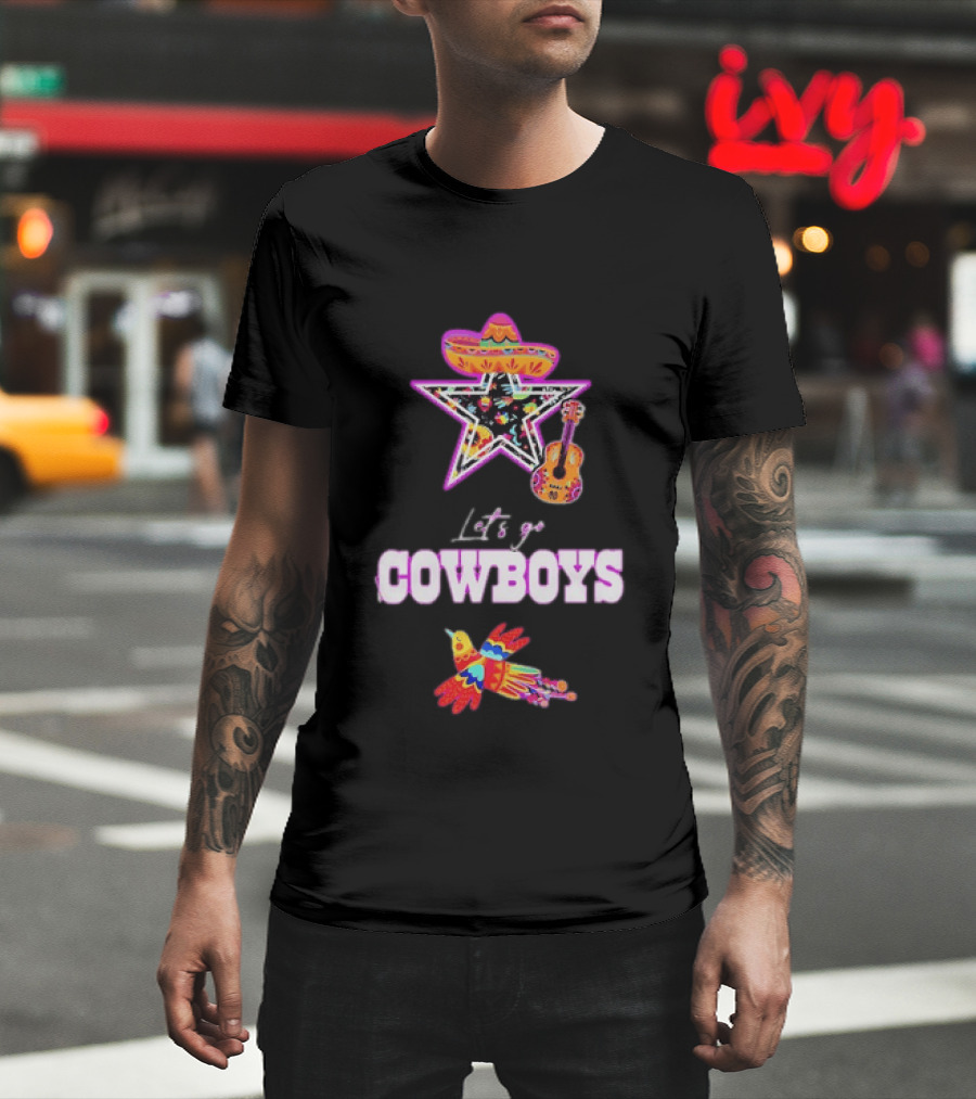Let's Go Cowboys Mexican Folk Sombrero Star Guitar Bird T-Shirt