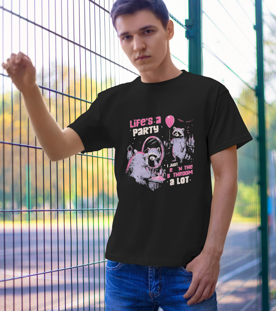Raccoon Life's A Party I Just Cry In The Bathroom A Lot Balloon Mirror Reflection T-Shirt