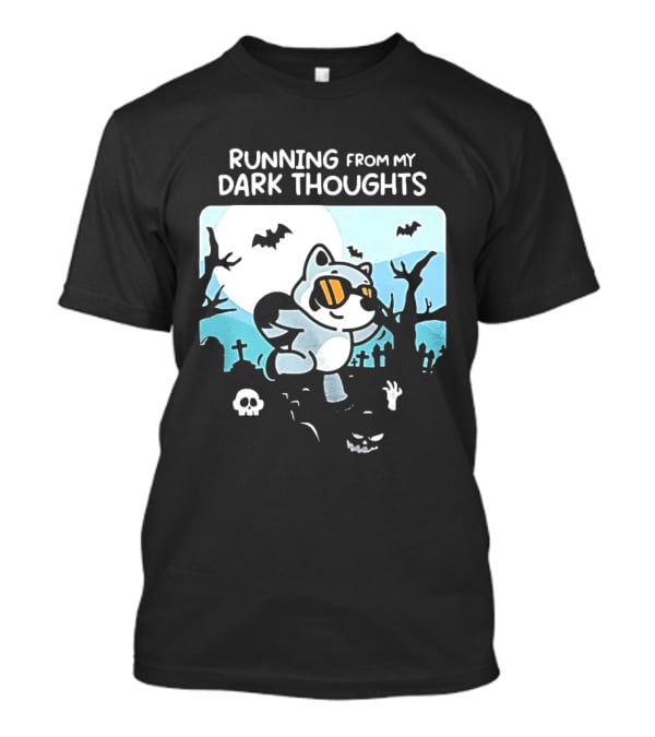 Raccoon Running From My Dark Thoughts Moonlight Bats And Graveyard Scene T-Shirt