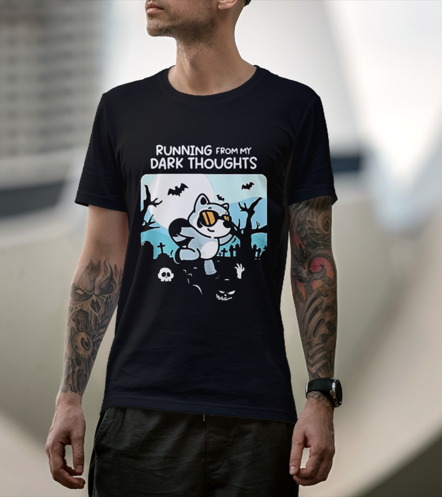 Raccoon Running From My Dark Thoughts Moonlight Bats And Graveyard Scene T-Shirt