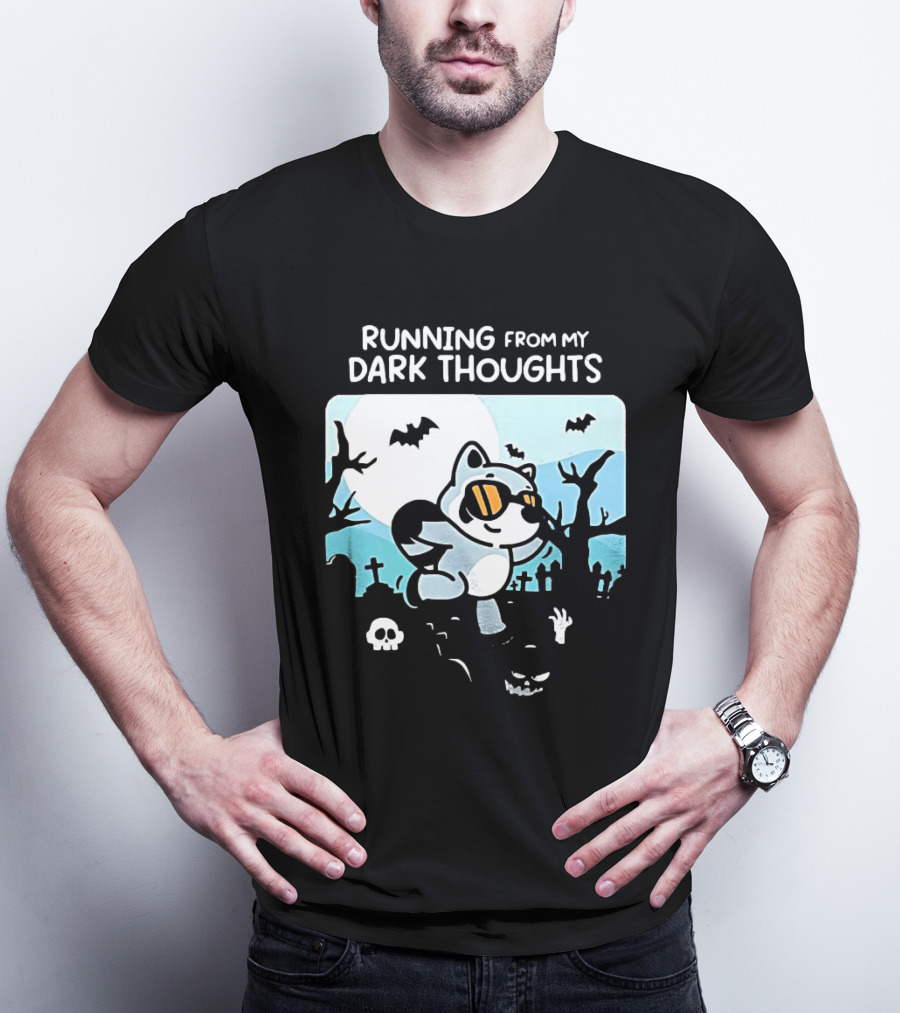 Raccoon Running From My Dark Thoughts Moonlight Bats And Graveyard Scene T-Shirt