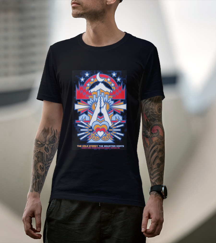 The Hold Steady The Mountain Goats Pioneer Courthouse Square Portland August 8 2026 Concert Tour Skyline Heart Hands Stars Moon Mountains T-Shirt