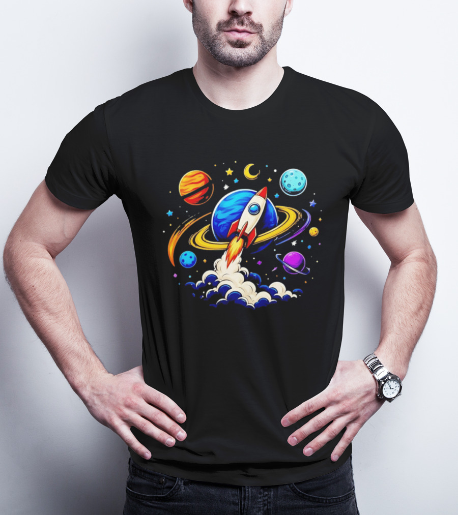 Space Rocket Launch With Vibrant Orbiting Planets And Stars T-Shirt