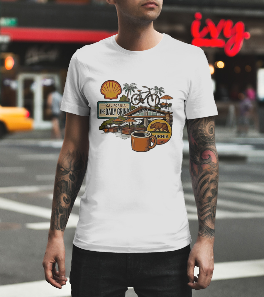 California The Daily Grind Shell Coffee Bear Bike Palms T-Shirt