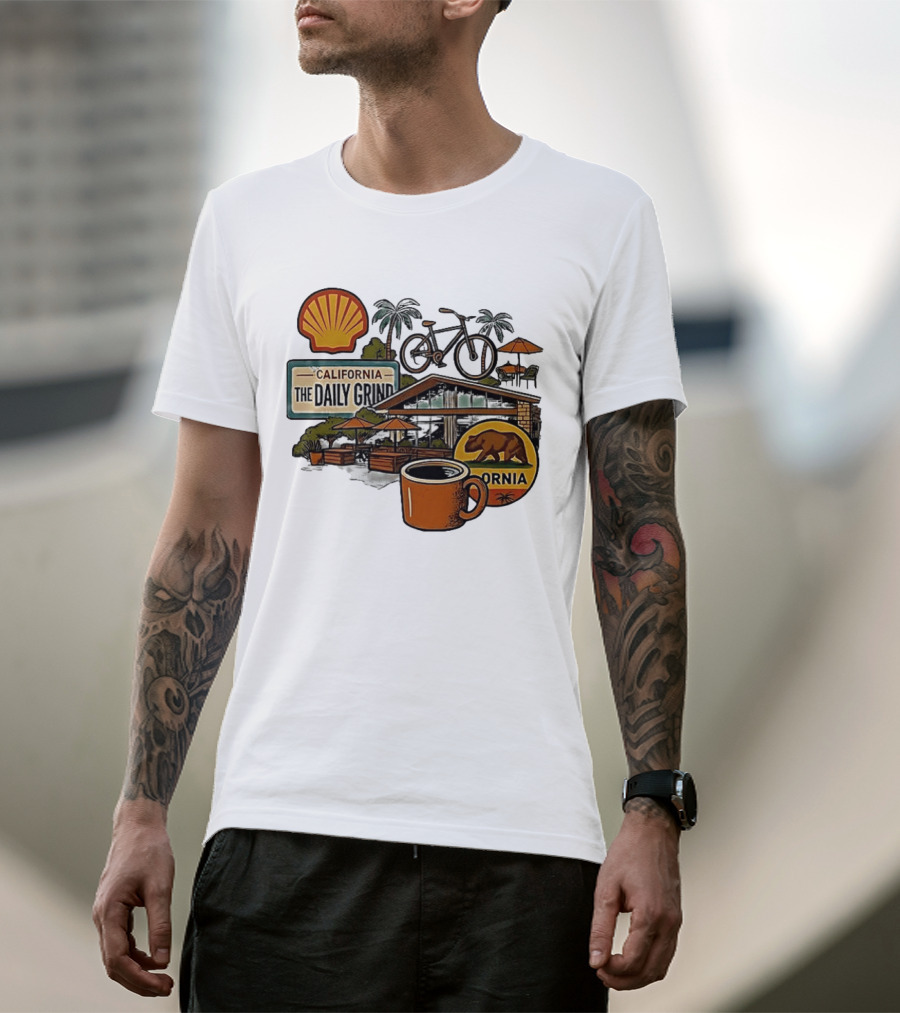 California The Daily Grind Shell Coffee Bear Bike Palms T-Shirt
