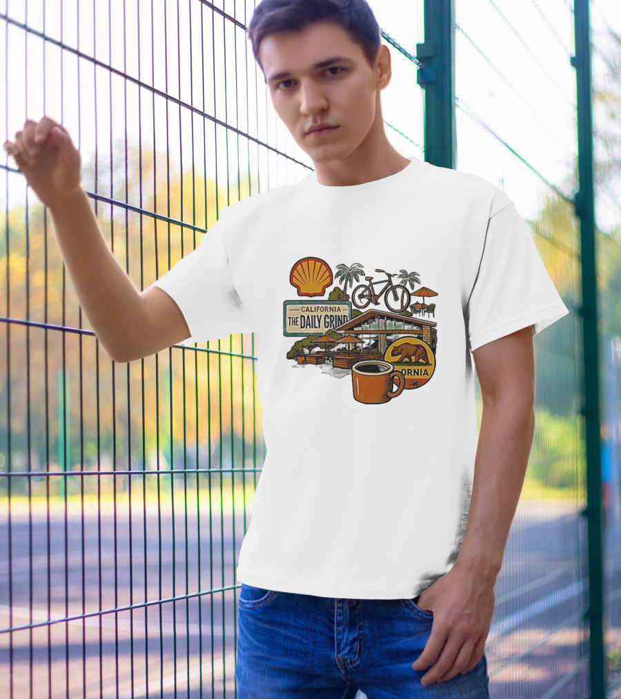 California The Daily Grind Shell Coffee Bear Bike Palms T-Shirt