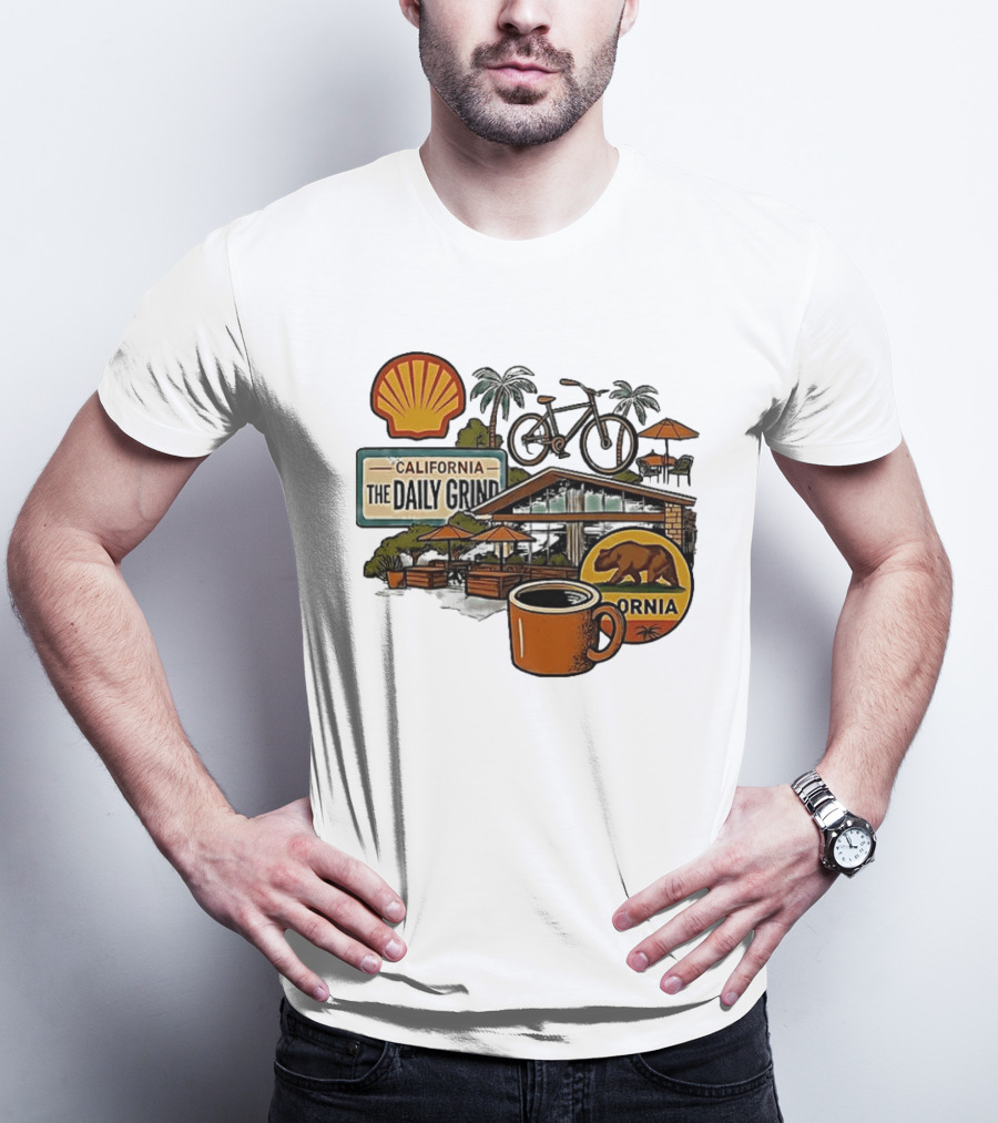 California The Daily Grind Shell Coffee Bear Bike Palms T-Shirt